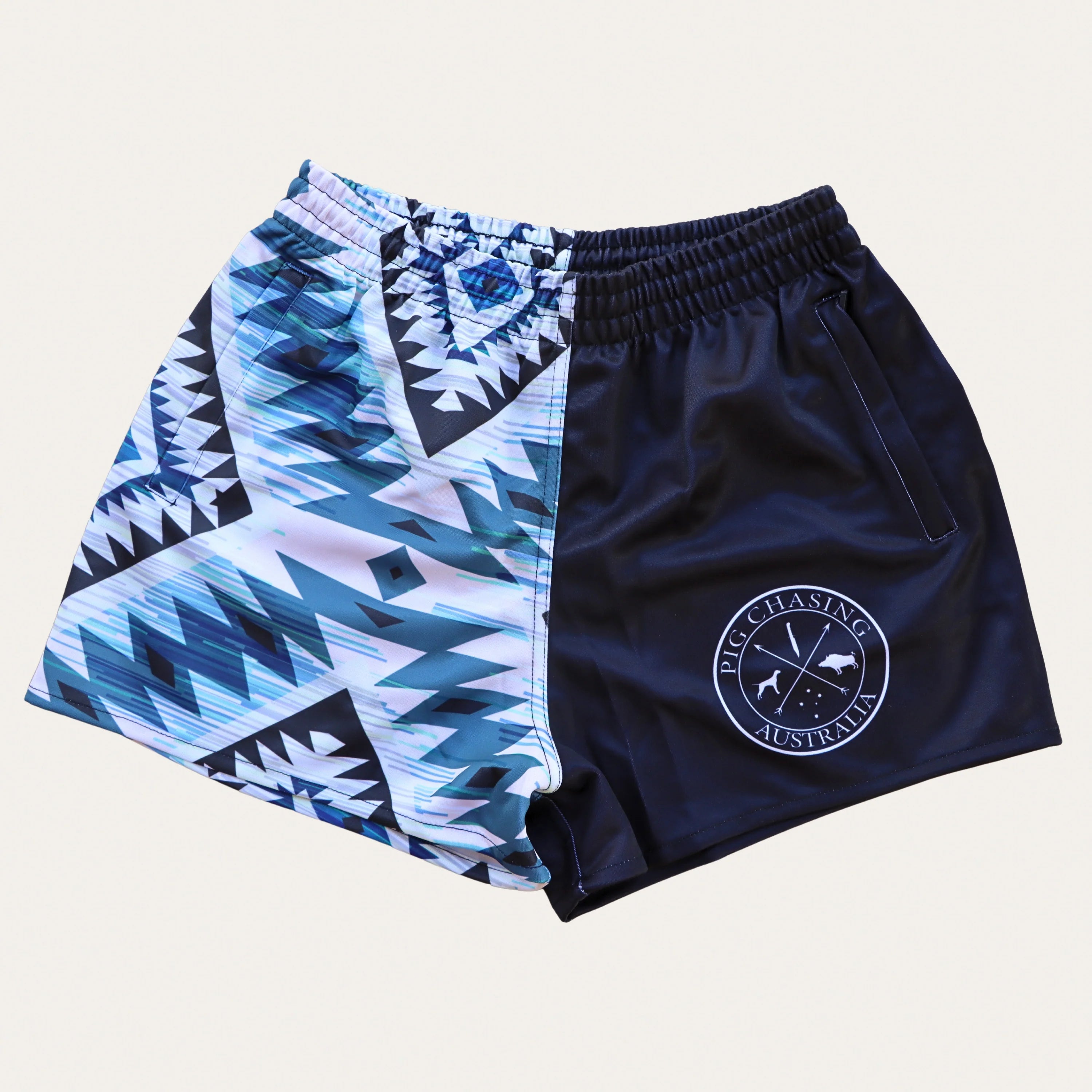 Footy Shorts - Blue/Black Aztec - ZIP Pockets!