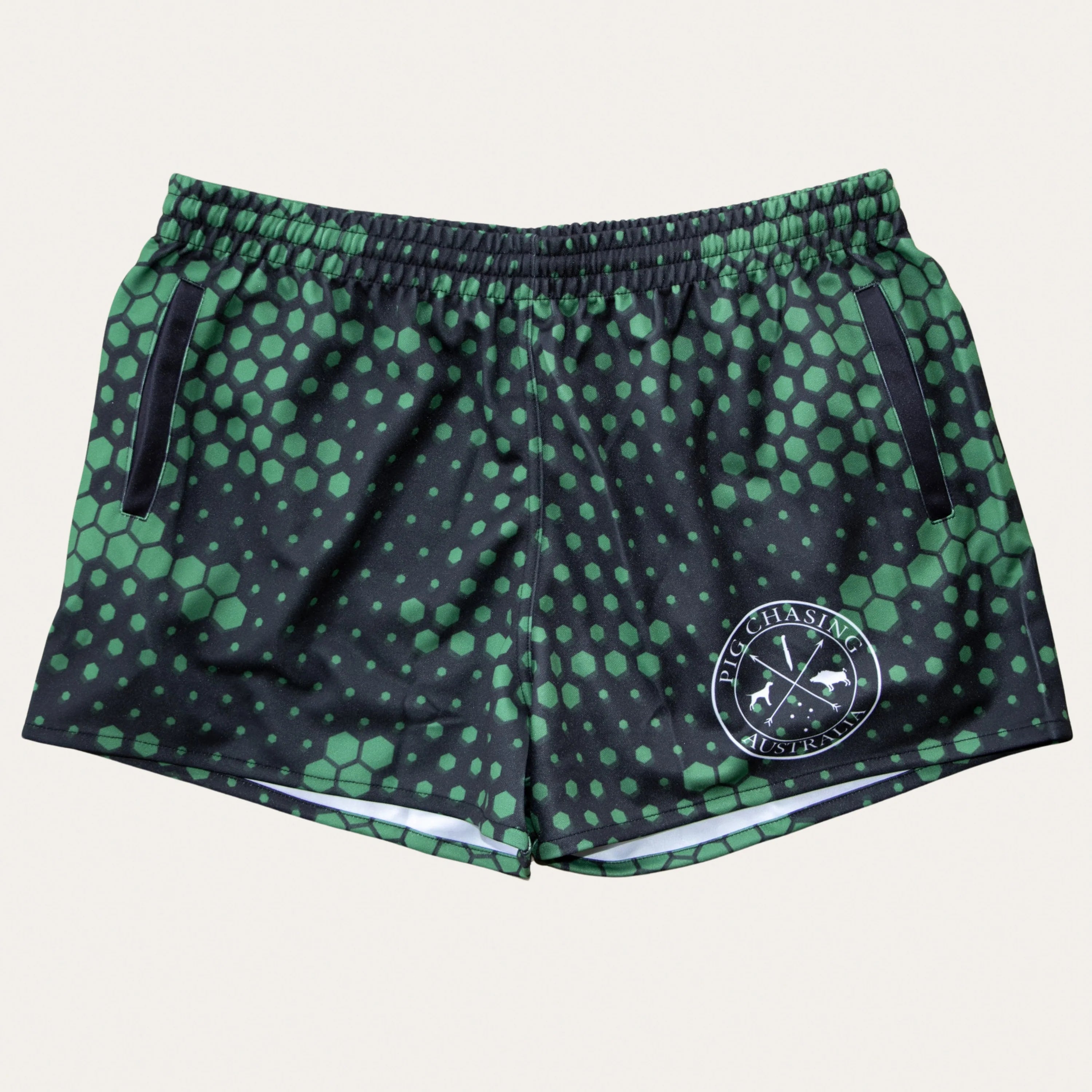 Pig Chasing Australia - Honeycomb Footy Shorts - Green / Black